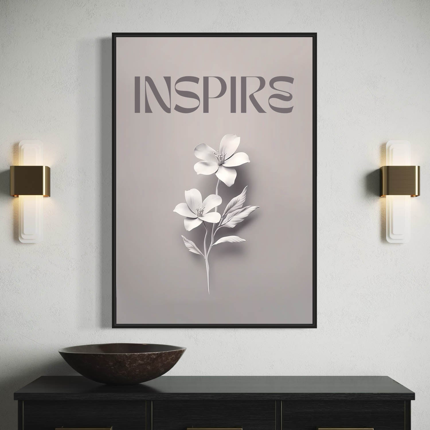 Inspire Motivational Wall Art Print, Monochromatic Flower Poster Art ...